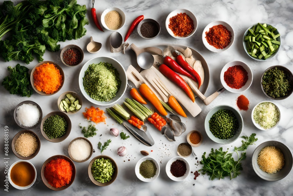 An immaculate mise en place scene, with precisely chopped vegetables ...
