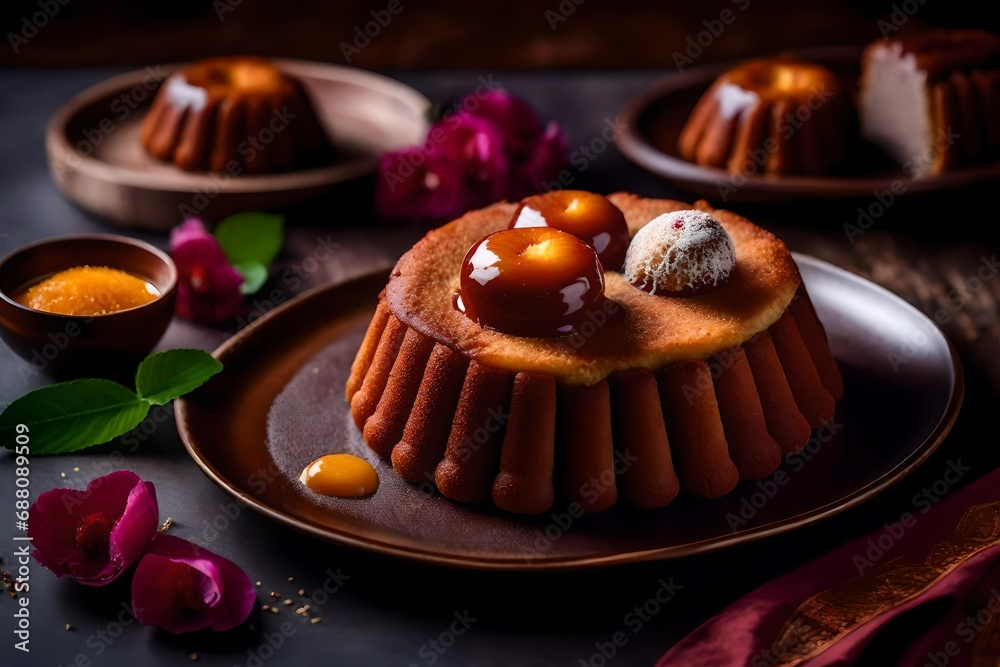 A detailed photograph of a traditional Indian Gulab Jamun Cake ...