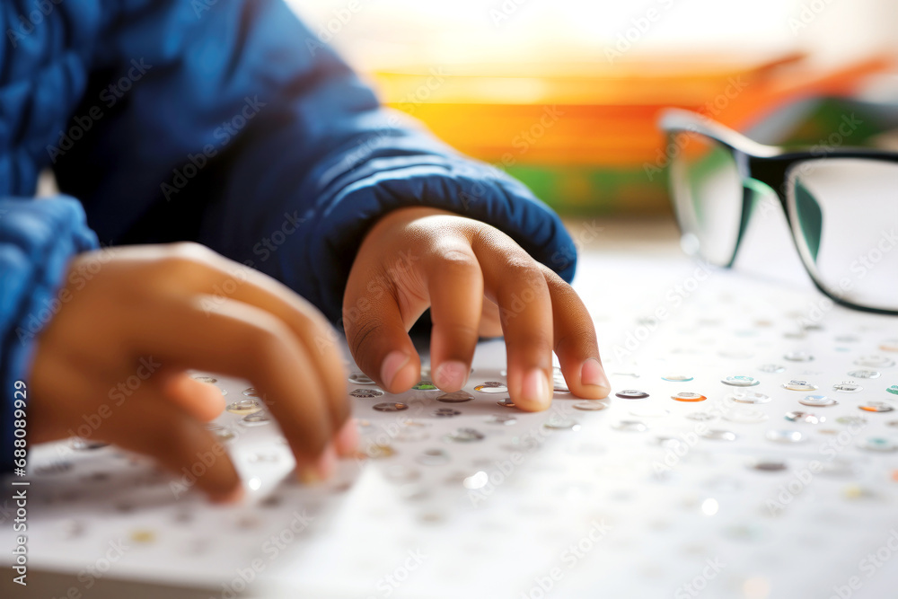 Close up hands of visually impaired african ethnicity child at a ...