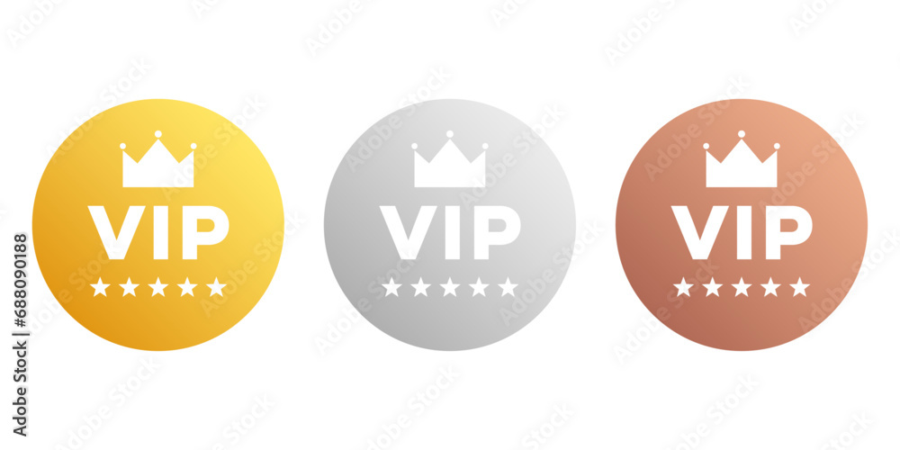 VIP badges in gold, silver and bronze color. Vector vip emblem sticker ...
