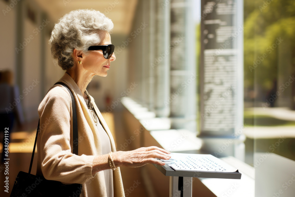 Silver-haired elegance blind lady in the modern museum. Visually ...