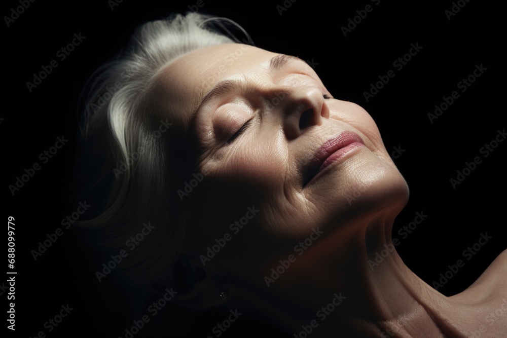 In the darkness, an elderly lady on a black background exudes elegance ...