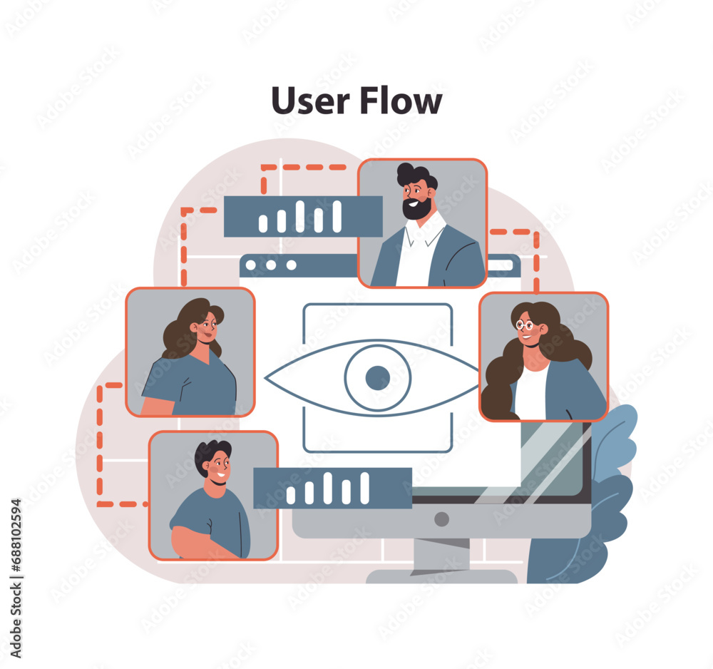User Flow visualization concept. Team interacts through digital interface, highlighting journey ...