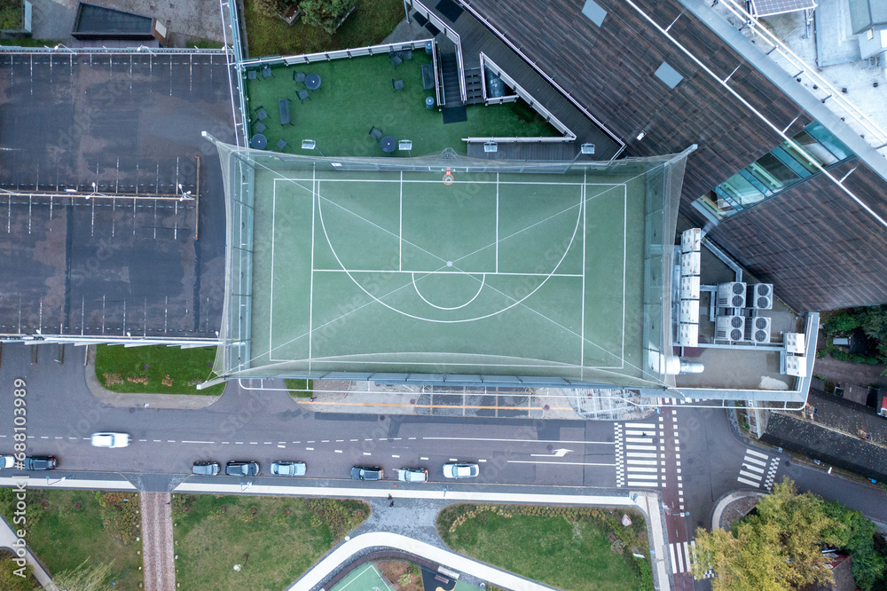Drone photography of basketball court on a skyscraper rooftop Stock ...
