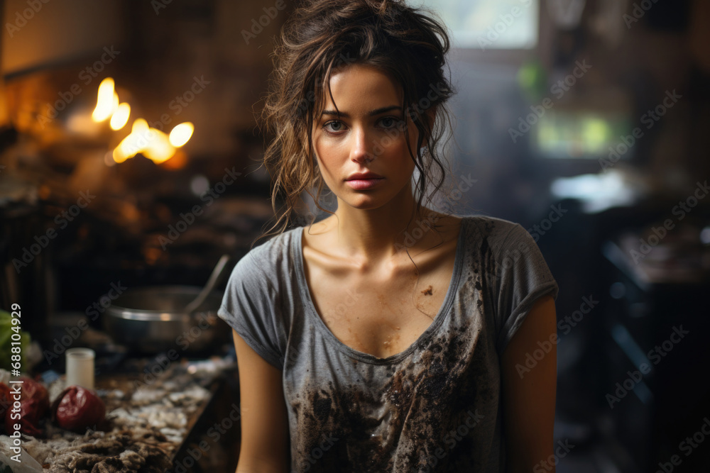 Depressed exhausted woman in messy kitchen. Routine and household ...