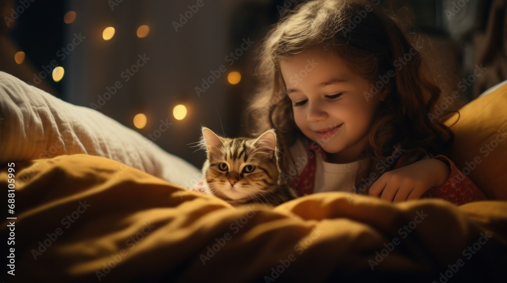 Little girl reading a book before bed with her cat Stock Photo | Adobe ...