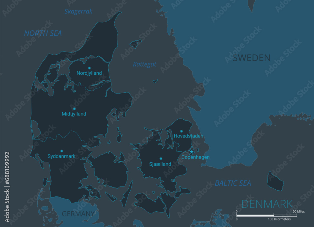 Denmark map. High detailed map of Denmark with countries, borders ...