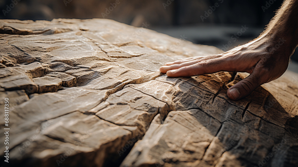 Textured Stone Surface Explored Through Touch: A Close-Up of Hand ...