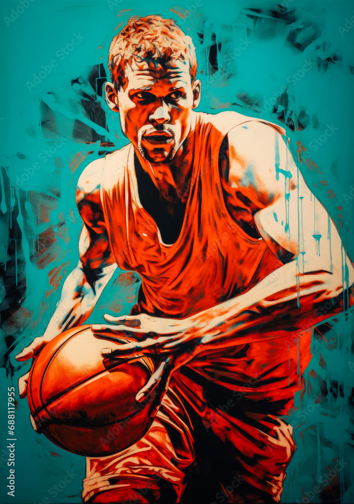 Turquoise Slam: A vibrant pop art depiction of a basketball player in ...