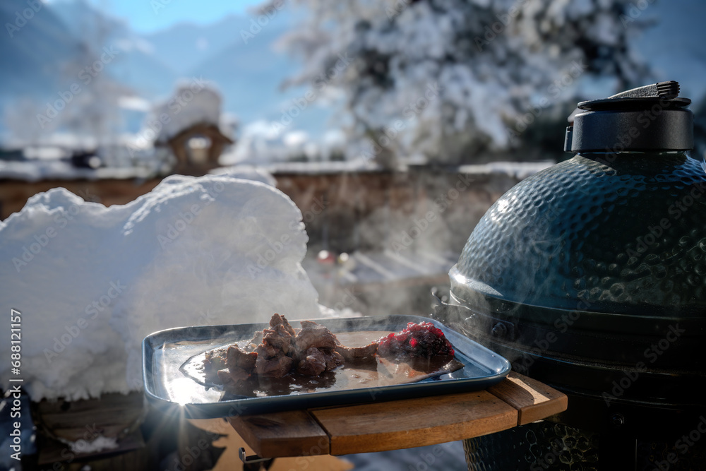 ready to eat - goulash from venison meat, from a calf - cooked outdoor ...
