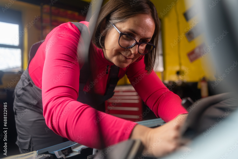 Female mechanic working at the garage. Professional female car mechanic ...