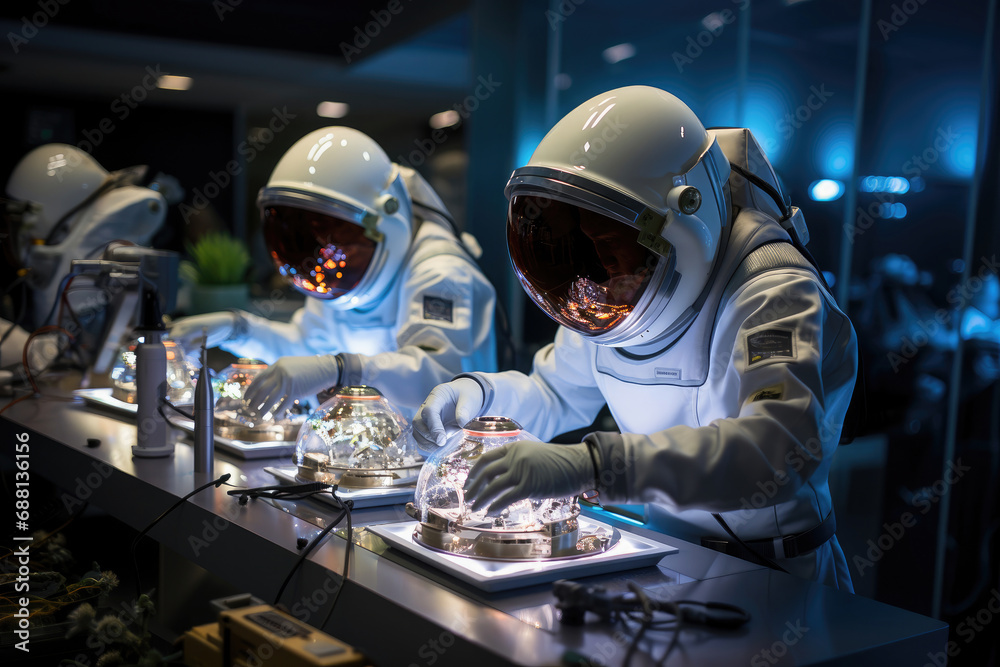 Astronauts in space suits conducting botanical experiments in a high ...