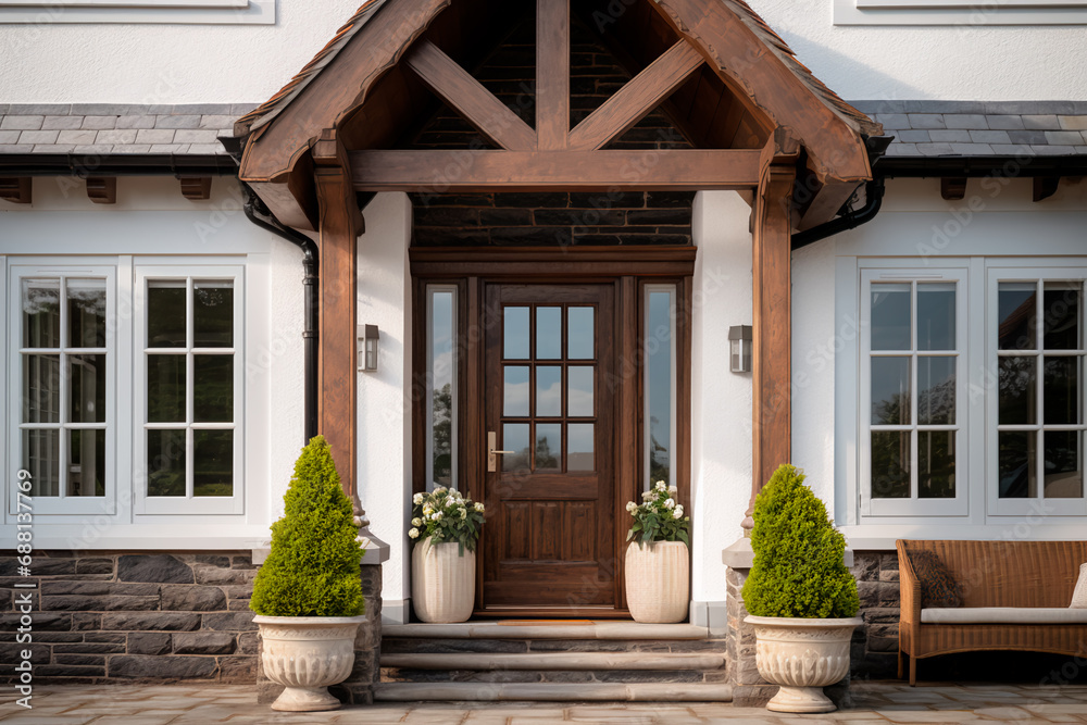 Georgian-style cottage entrance with wooden door, gabled porch, white ...