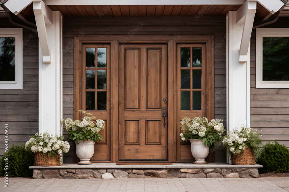 Georgian-style cottage entrance with wooden door, gabled porch, white ...