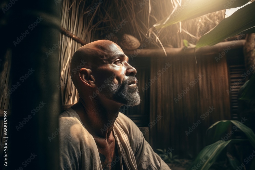 Bald man jungle. Lone wanderer rests abandoned amazon sheltering sun ...