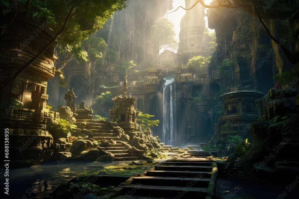 A dense ancient forest with towering trees and hidden ruins from a long ...