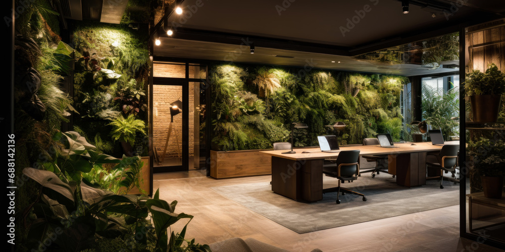 Biophilic offices in London. A conference room with a wall of plants ...