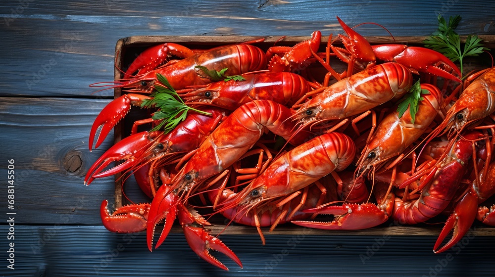 In a top view flat lay, there is a top view of a table where crawfish ...