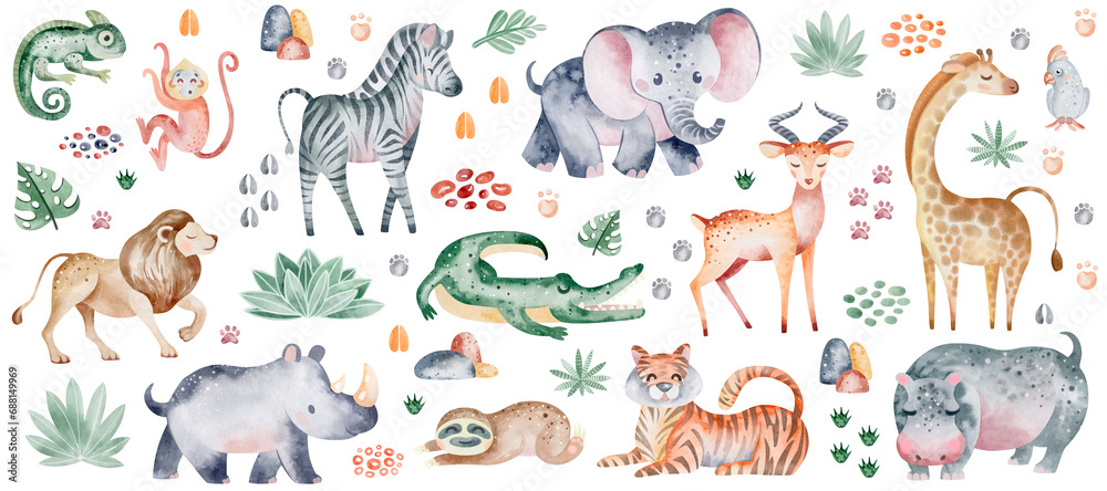 Jangle animals on isolated background. Watercolor clipart of savanna ...
