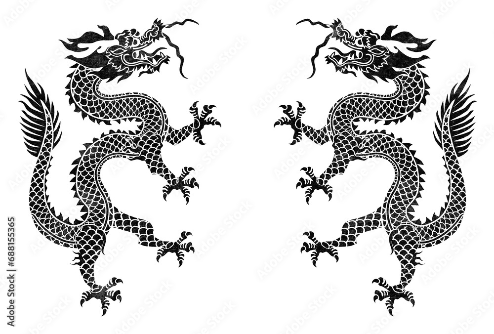 Symmetrical Chinese dragon stencil illustrations in black ink isolated ...