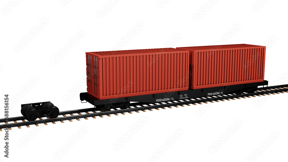Railroad train with transport containers on trolleys on isolated ...