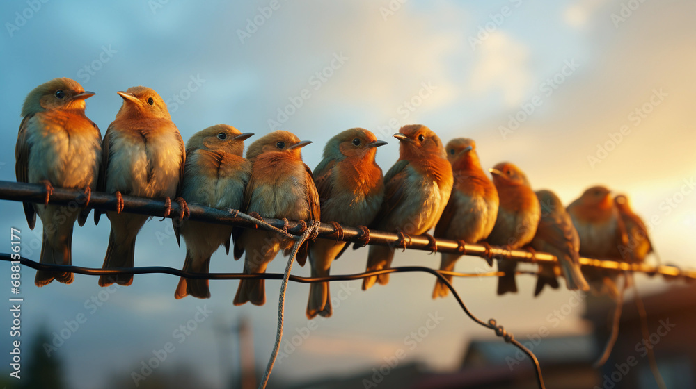 Peaceful Birds Resting on an Electrical Wire Captured in a Moment of ...