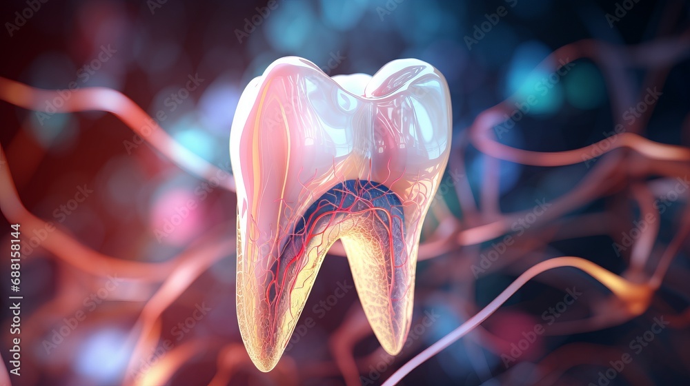 Translucent tooth with visible pulp, vessels and nerves against vibrant ...