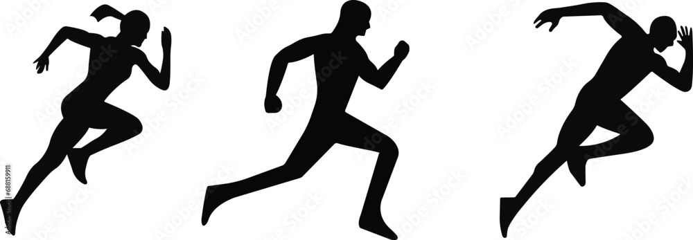 Running sport man and women icon in flat set. isolated on transparent ...
