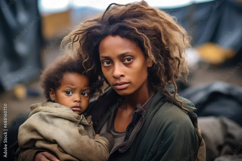 Resilience and Hope Young Homeless Woman Embraces a Baby in a Refugee ...