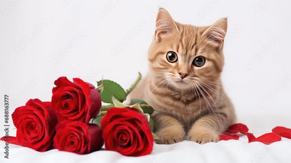 charming cat holding a red rose bouquet against a pristine background ...