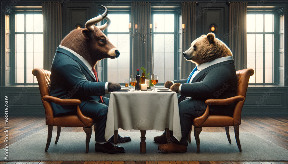 bull and bear sit at a luxury dinner table, anthropomorphized financial ...