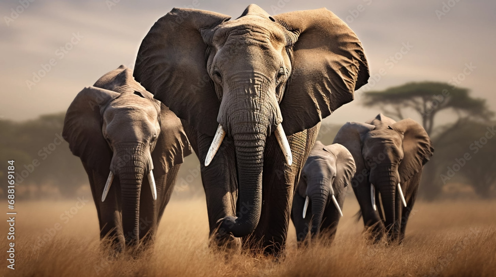 award winning shot, portait of a group of adult african elephants ...