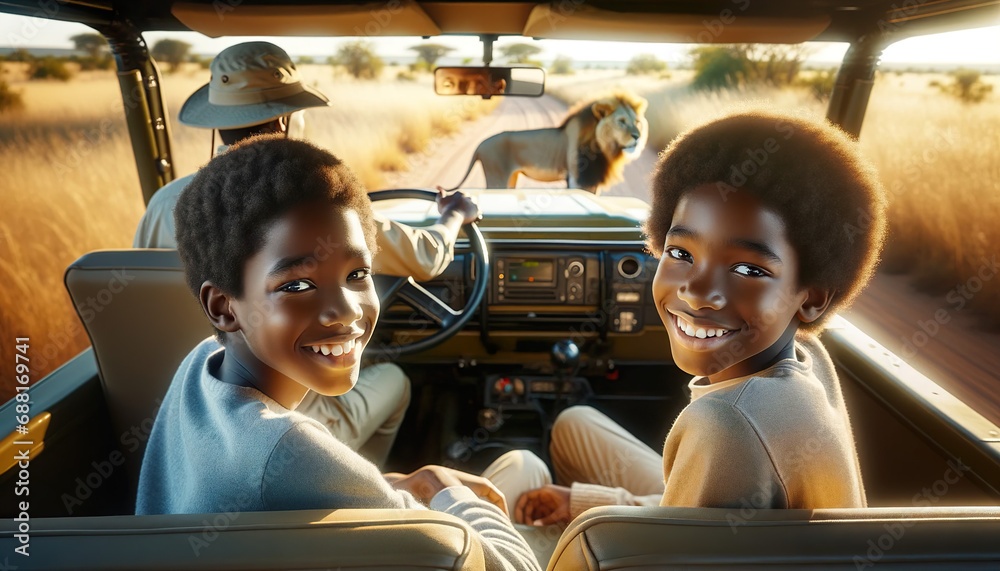 Two African American brothers on an African safari smiling in a safari ...