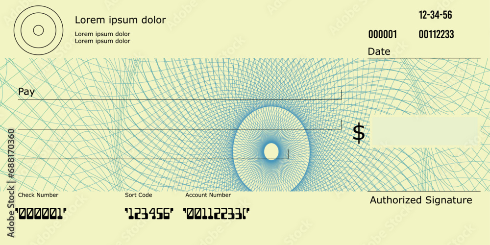 US Blank Cheque with Dollar Sign and American spelling, Check template ...