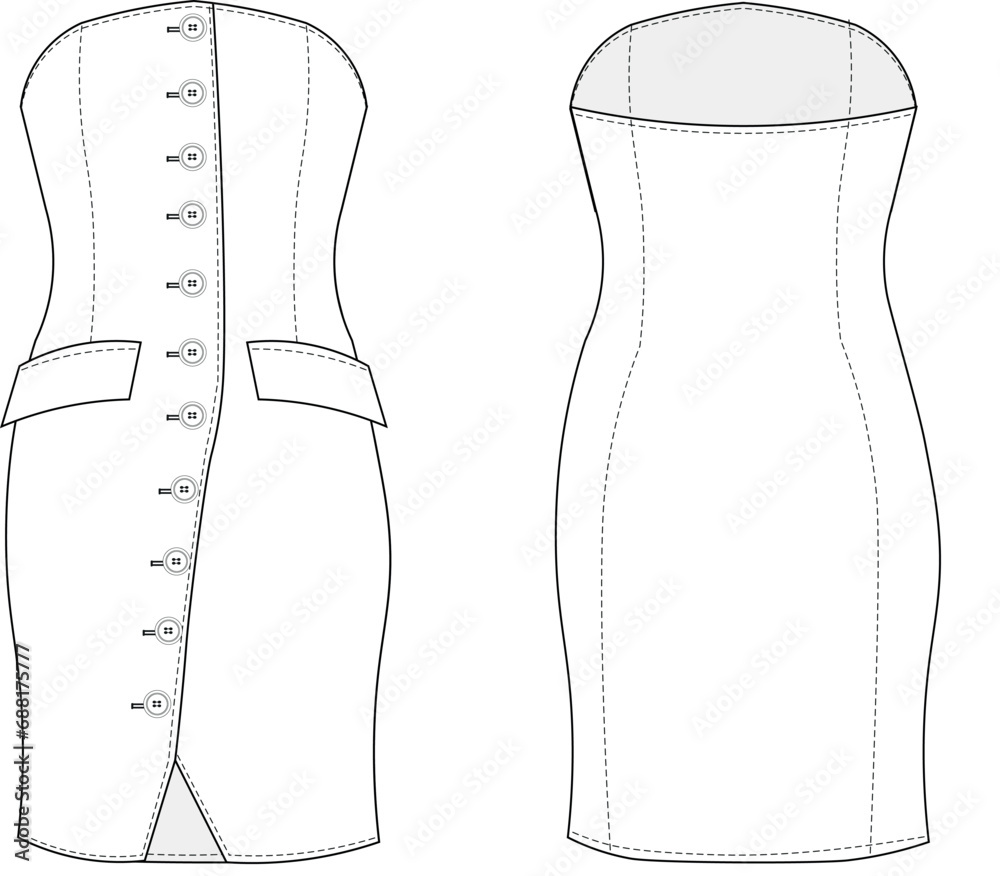 strapless sleeveless tailored short knee length bodycon dress template ...