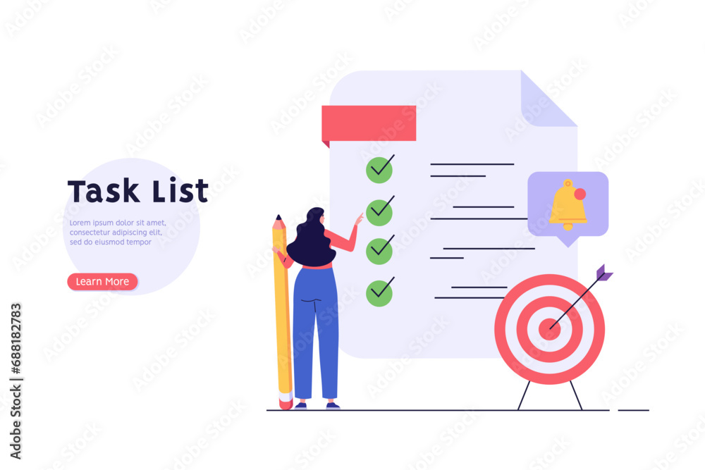Concept of task done, checklist, to-do list, notification. Woman ...