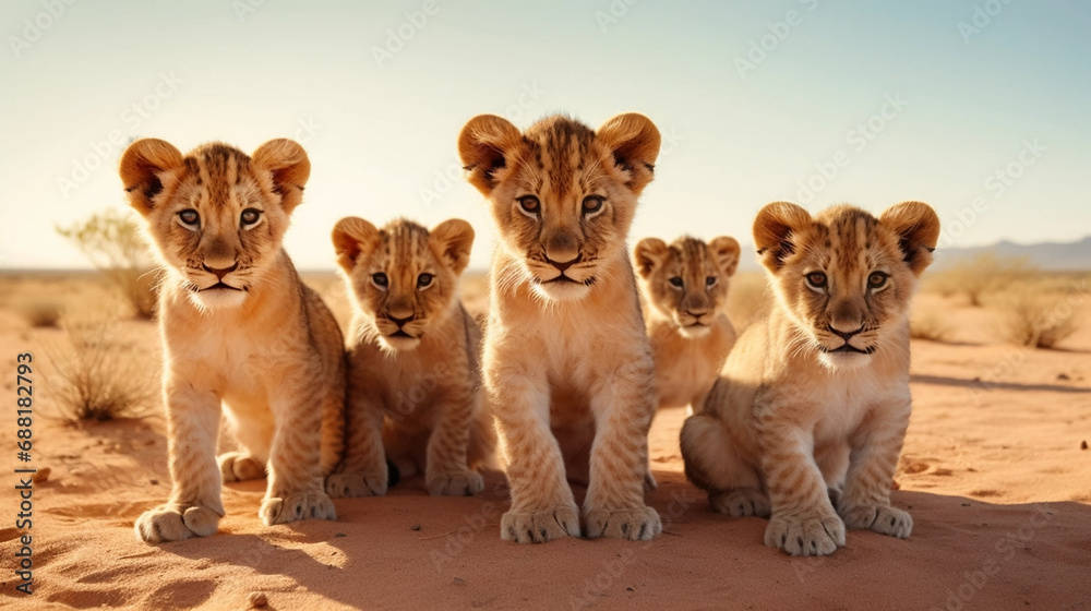stockphoto, a group of young beautiful lion cubs curiously looking ...
