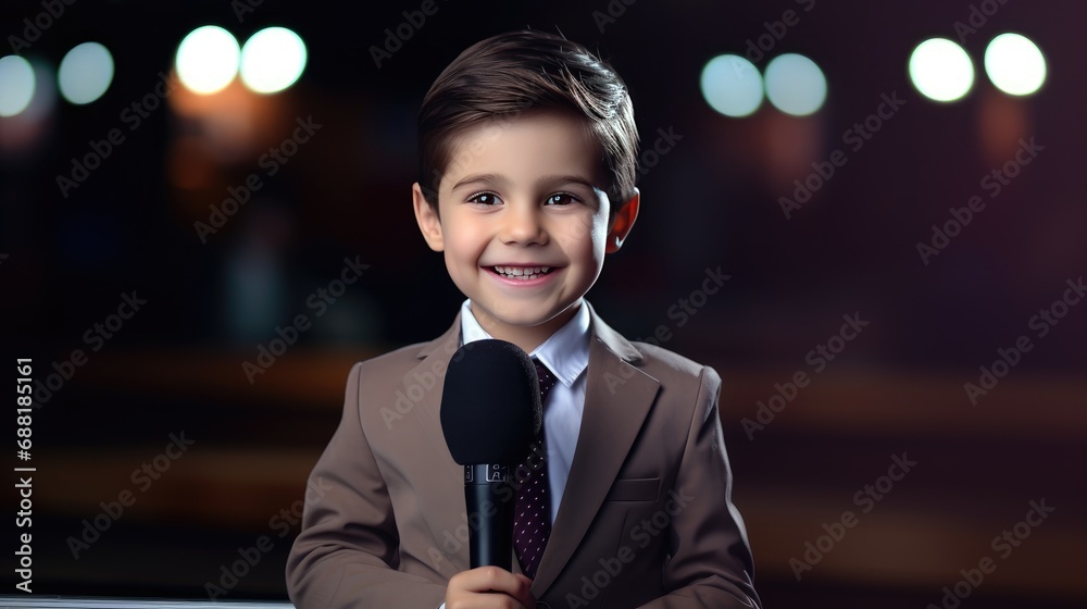 cute little boy reporter with a microphone, ready for an interview ...
