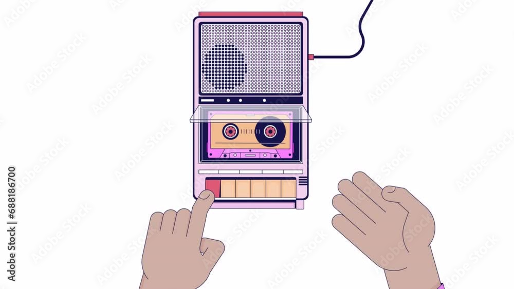 Putting tape inside portable audio line 2D character hands animation ...