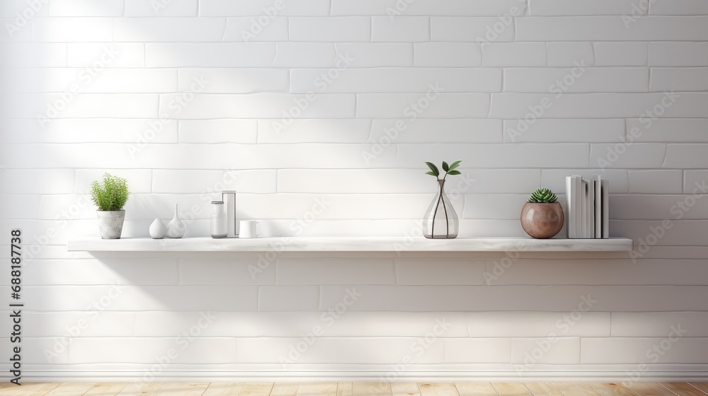 white wooden shelf gracefully mounted on a pristine white brick wall ...