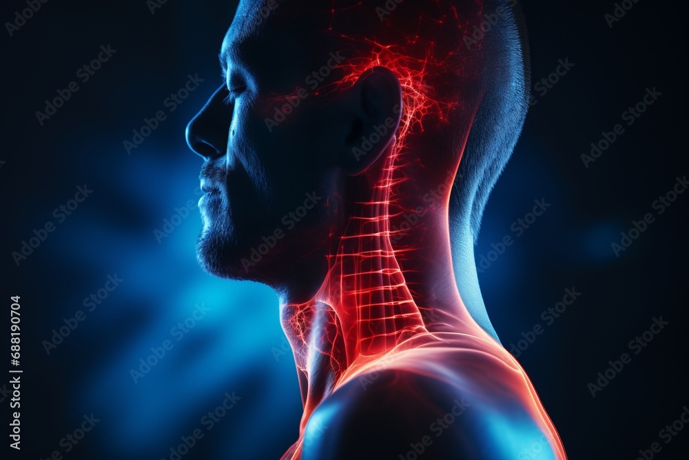 Man with neck pain. Images of the structure of the neurosystem of the ...