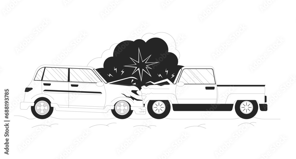 Head-on collision automobiles black and white 2D line cartoon object ...