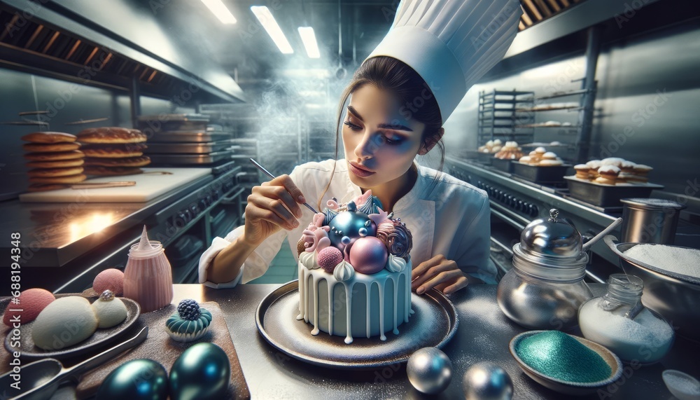 ภาพประกอบสต็อก Female pastry chef in a pastry shop. 3d rendering toned ...