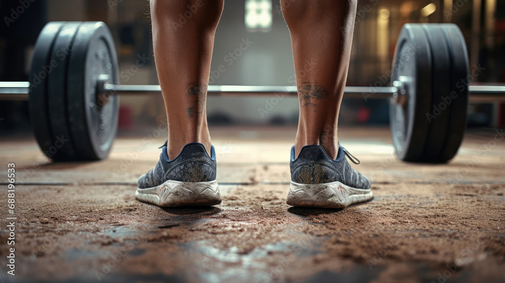 Focused close-up of weightlifter's feet ready for explosive lift gym ...