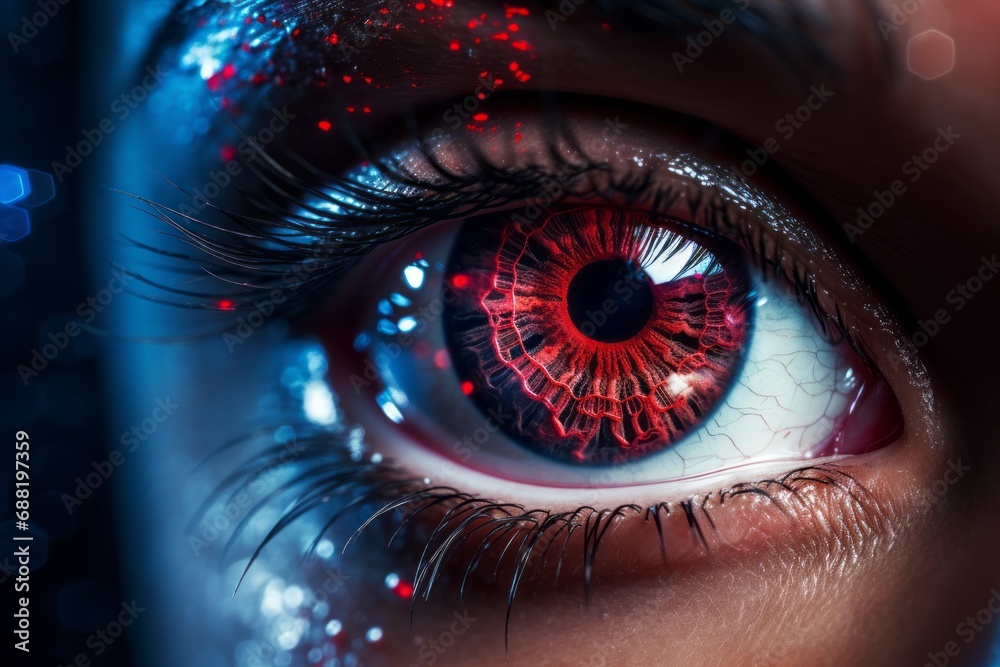 close-up of the right eye with artificial retina. Future biomedical ...