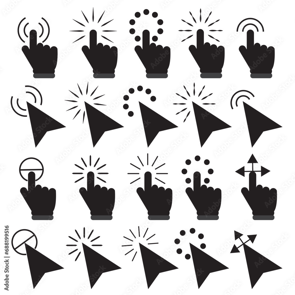 pointer click icon set of 20. clicking cursor, pointing hand clicks and waiting loading icons ...