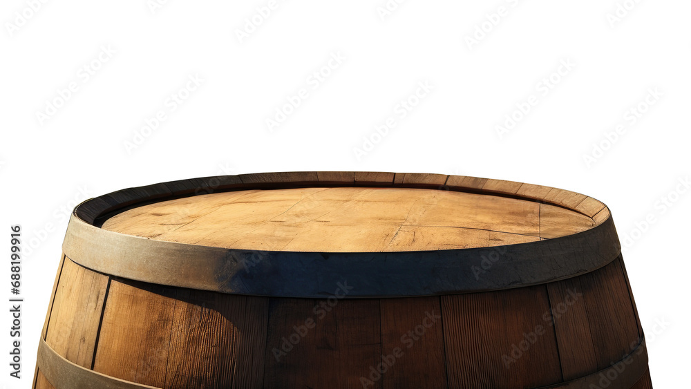 Old empty wooden oak barrel top for product placement with transparent ...