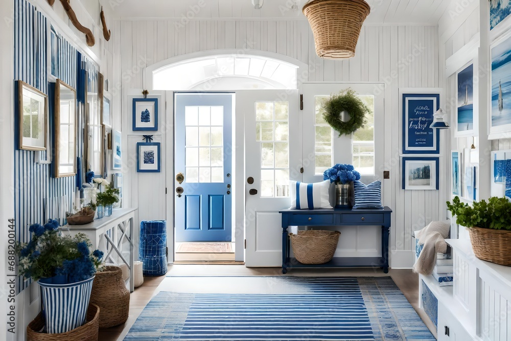A Hamptons-style entryway with a white Dutch door, blue-and-white ...