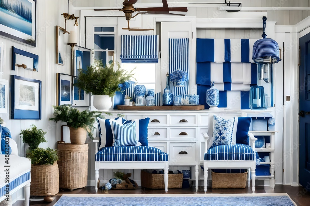A Hamptons-style entryway with a white Dutch door, blue-and-white ...
