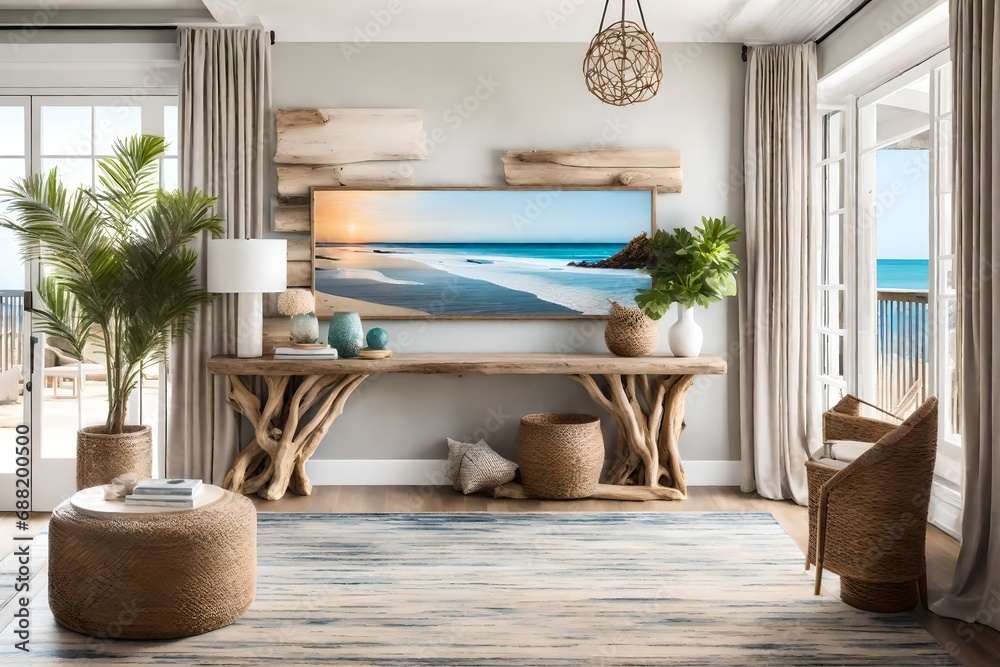 A coastal-inspired entry with a driftwood console table, framed beach ...
